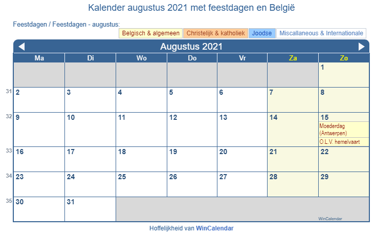 Belgie Kalender voor afdrukken - augustus 2021