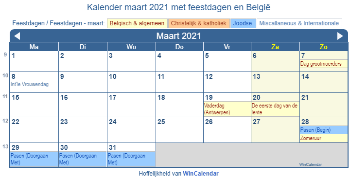 Belgie Kalender voor afdrukken - maart 2021