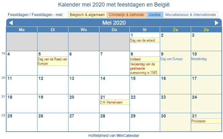 Belgie Kalender voor afdrukken - mei 2020