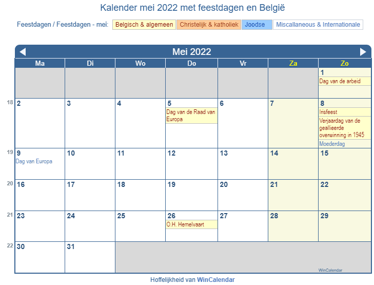 Belgie Kalender voor afdrukken - mei 2022