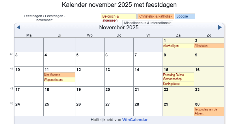 Belgie Kalender voor afdrukken - november 2025