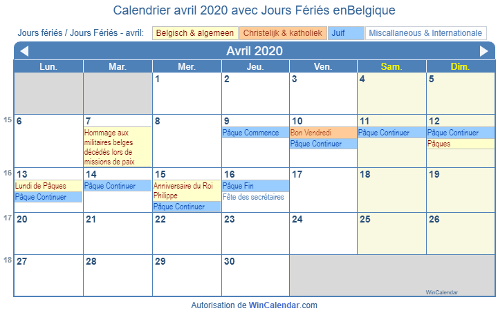 Belgique Calendrier pour l'impression - avril 2020
