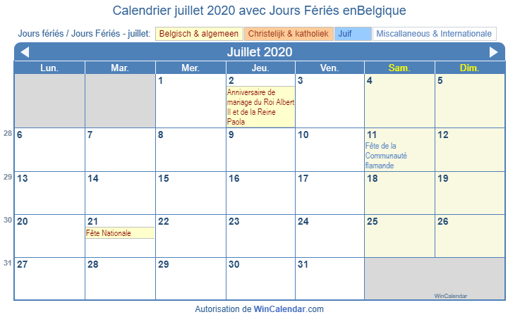 Belgique Calendrier pour l'impression - juillet 2020