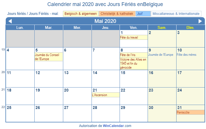 Belgique Calendrier pour l'impression - mai 2020