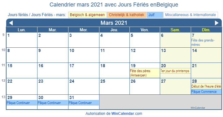 Belgique Calendrier pour l'impression - mars 2021