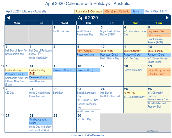 Print Friendly April 2020 Australia Calendar for printing