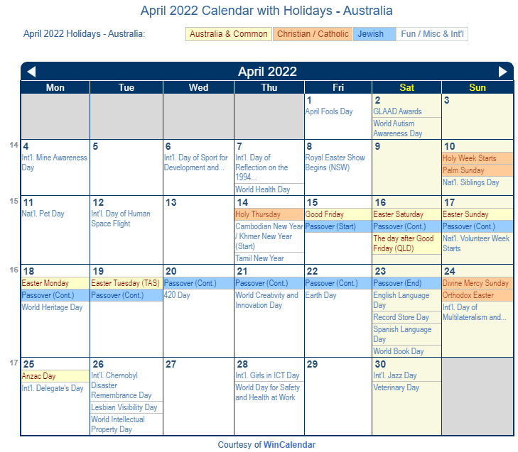 Print Friendly April 2022 Australia Calendar for printing