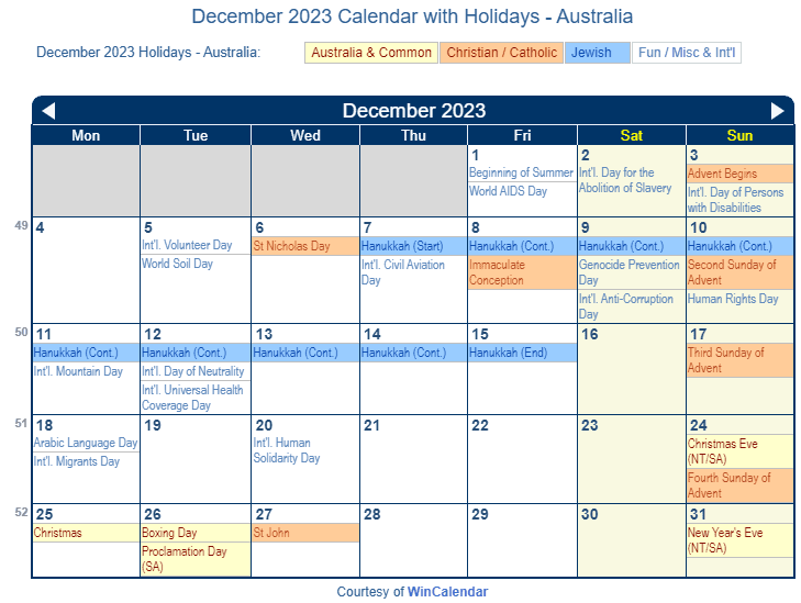 Print Friendly December 2023 Australia Calendar for printing