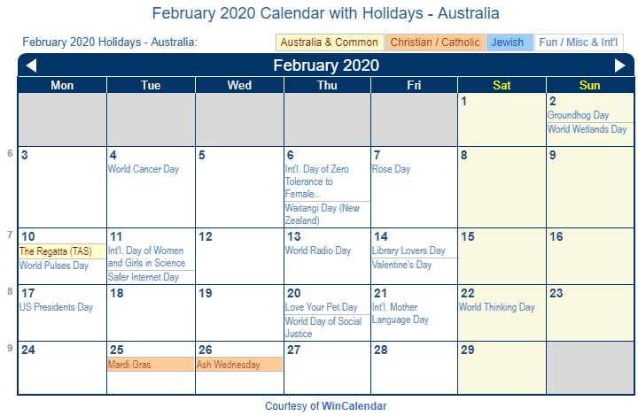 Print Friendly February 2020 Australia Calendar for printing