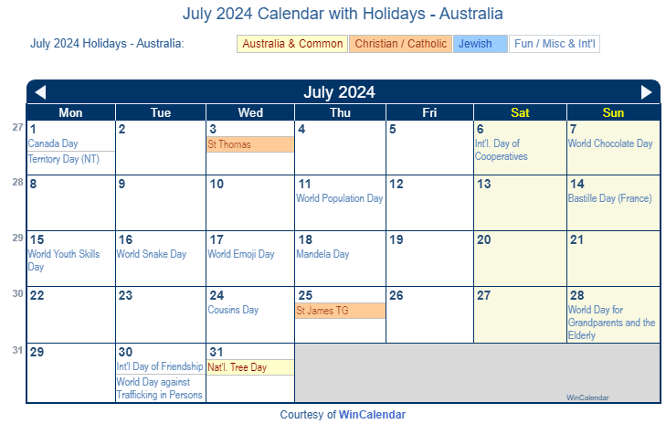 Print Friendly July 2024 Australia Calendar for printing
