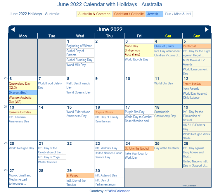 Print Friendly June 2022 Australia Calendar for printing