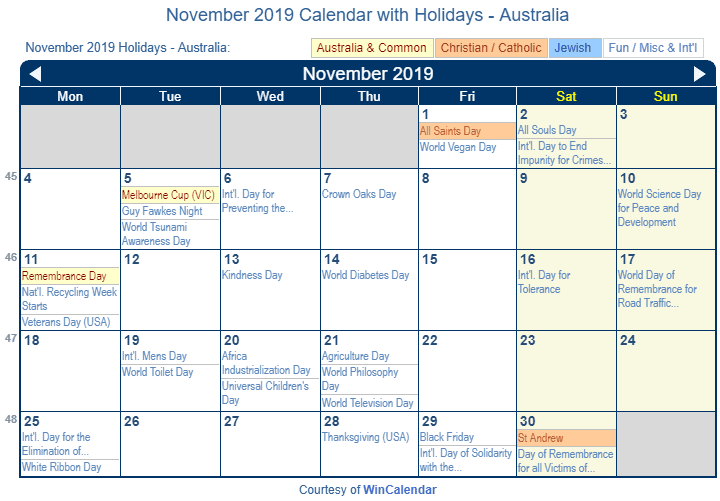 Print Friendly November 2019 Australia Calendar for printing