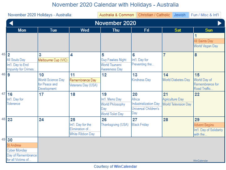 Print Friendly November 2020 Australia Calendar for printing