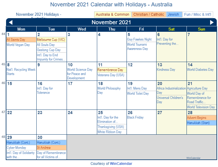Print Friendly November 2021 Australia Calendar for printing