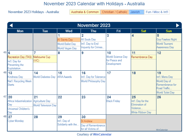 Print Friendly November 2023 Australia Calendar for printing
