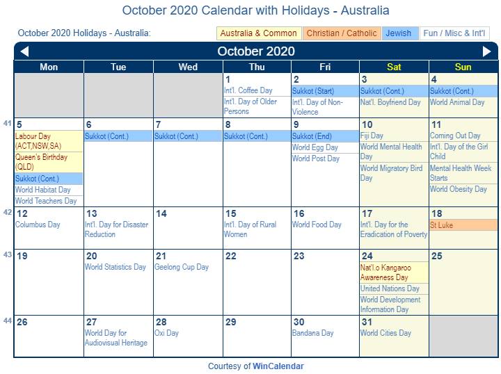Print Friendly October 2020 Australia Calendar for printing