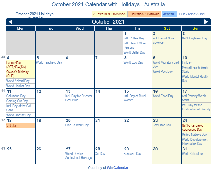 Print Friendly October 2021 Australia Calendar for printing