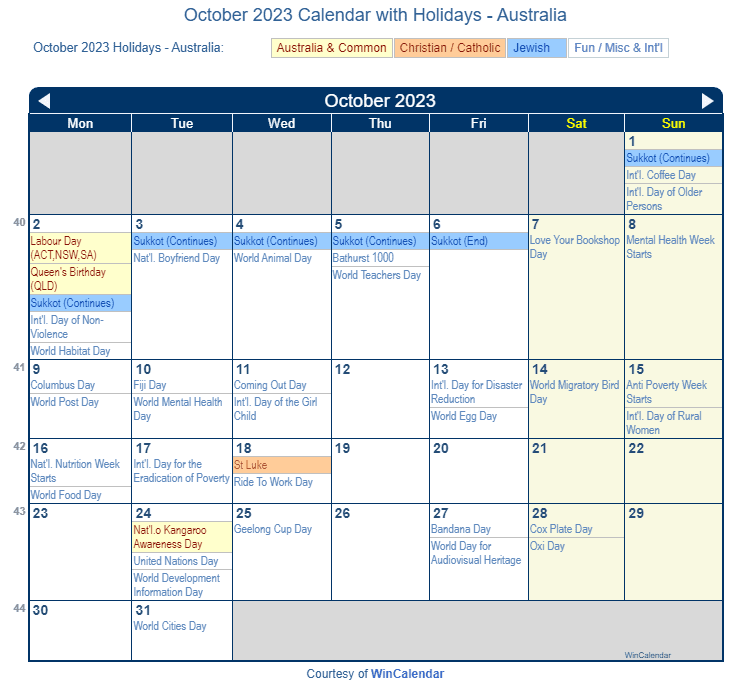 Print Friendly October 2023 Australia Calendar for printing