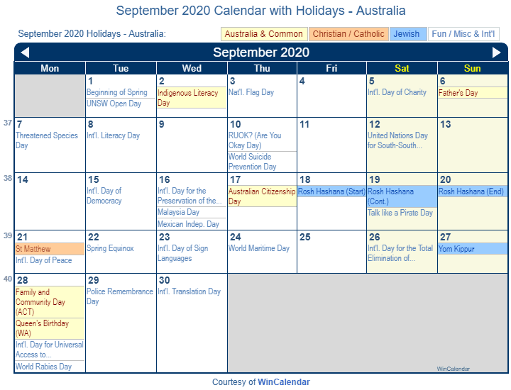 Print Friendly September 2020 Australia Calendar for printing