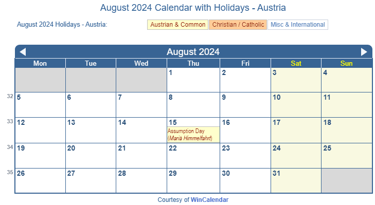 Print Friendly August 2024 Austria Calendar for printing