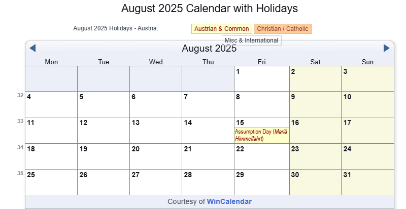 Print Friendly August 2025 Austria Calendar for printing