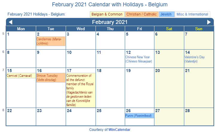 Print Friendly February 2021 Belgium Calendar for printing
