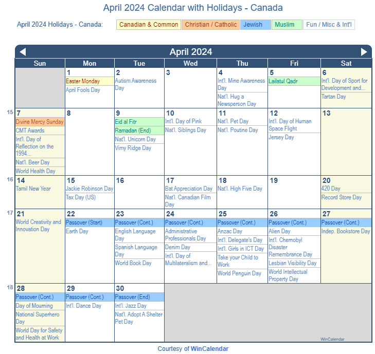 Print Friendly April 2024 Canada Calendar for printing