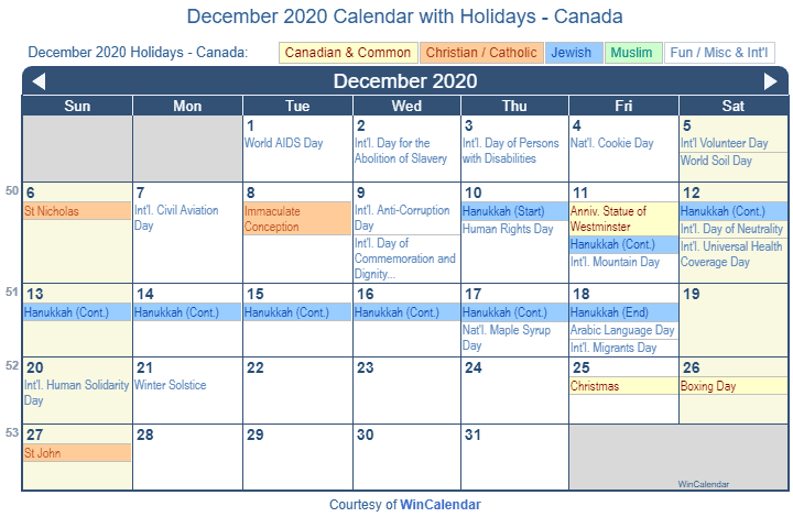 Print Friendly December 2020 Canada Calendar for printing