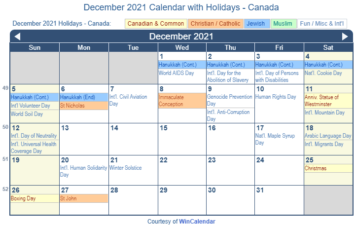 Print Friendly December 2021 Canada Calendar for printing