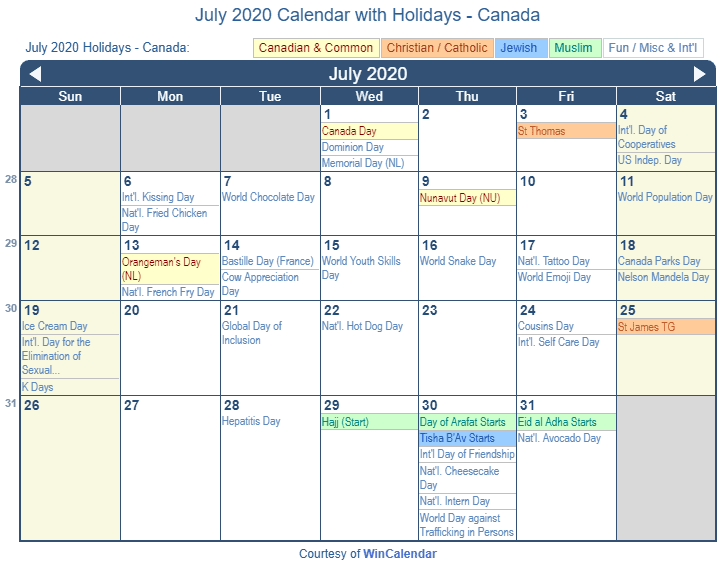 Print Friendly July 2020 Canada Calendar for printing