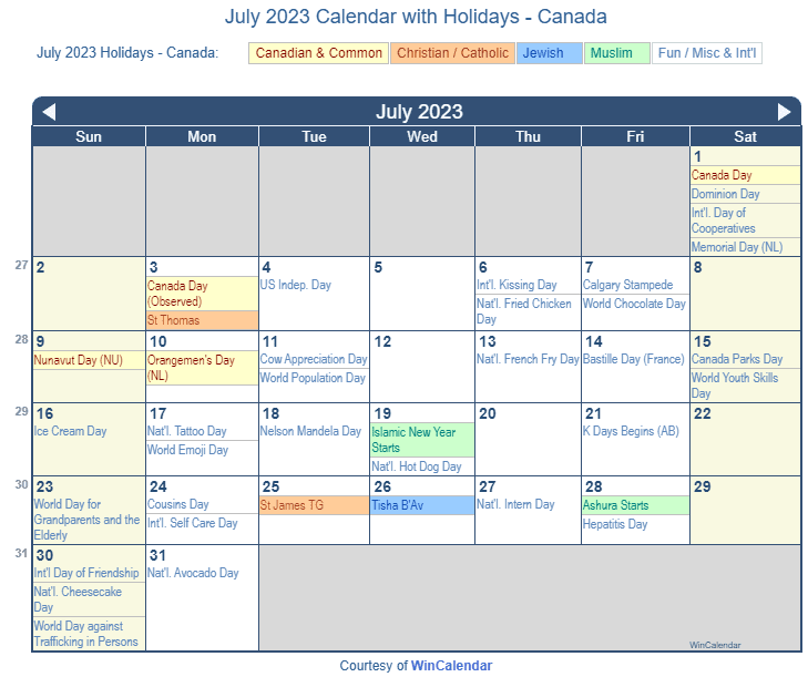 Print Friendly July 2023 Canada Calendar for printing