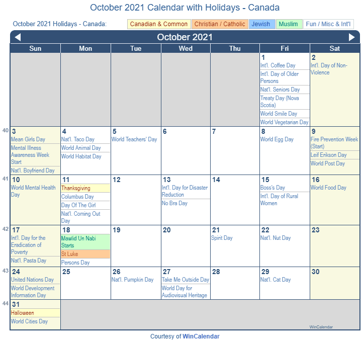 Print Friendly October 2021 Canada Calendar for printing