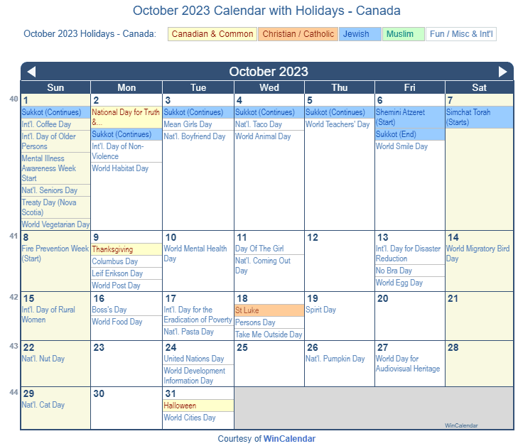 Print Friendly October 2023 Canada Calendar for printing