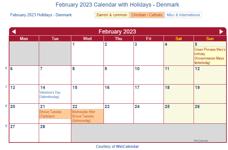 Print Friendly February 2023 Denmark Calendar for printing