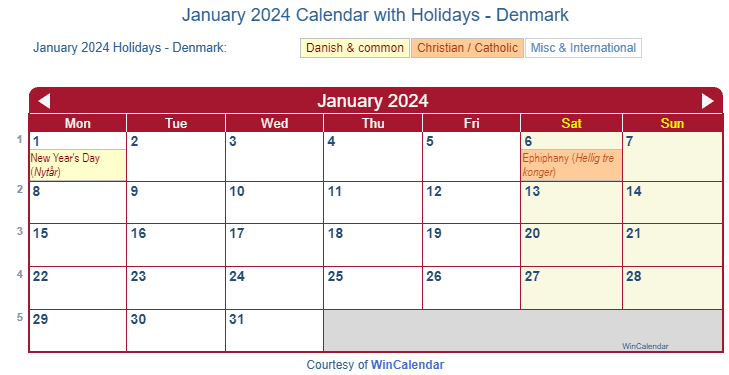 Print Friendly January 2024 Denmark Calendar for printing