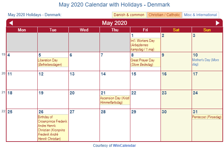 Print Friendly May 2020 Denmark Calendar for printing