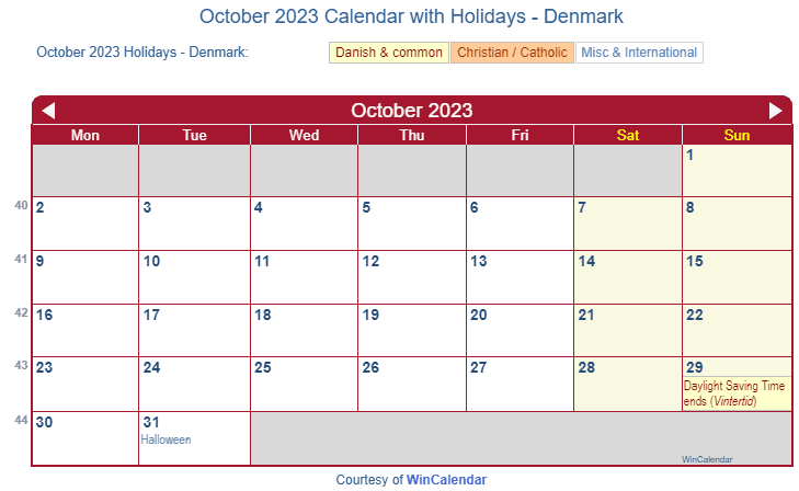 Print Friendly October 2023 Denmark Calendar for printing