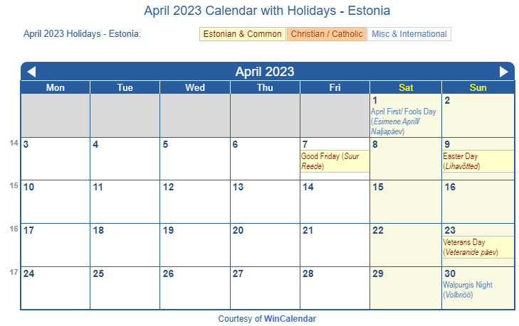 Print Friendly April 2023 Estonia Calendar for printing