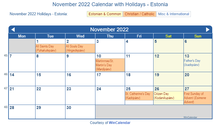 Print Friendly November 2022 Estonia Calendar for printing
