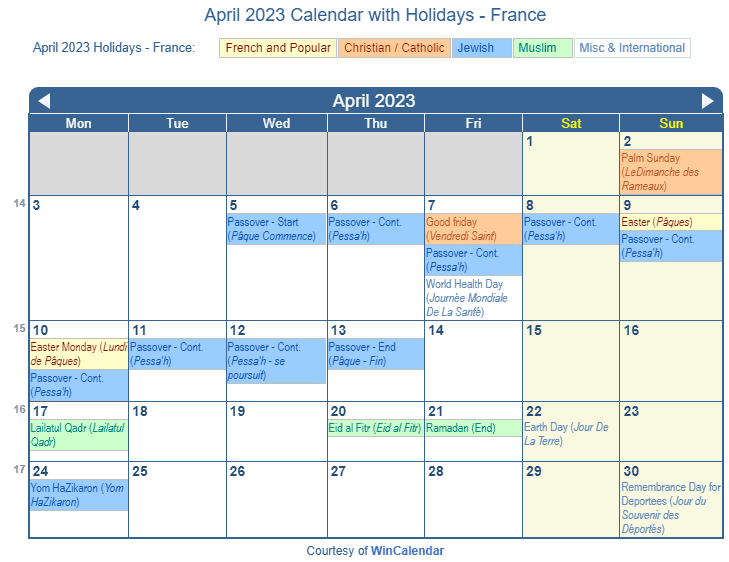 Print Friendly April 2023 France Calendar for printing