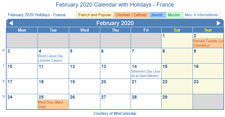 Print Friendly February 2020 France Calendar for printing