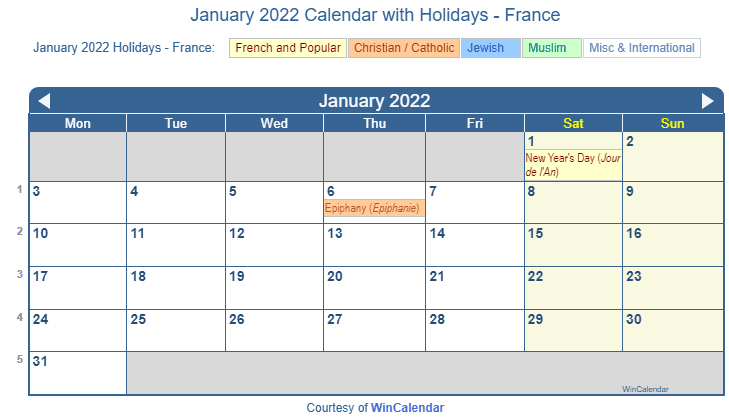 Print Friendly January 2022 France Calendar for printing