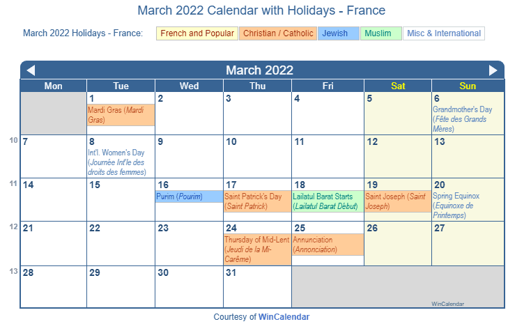 Print Friendly March 2022 France Calendar for printing