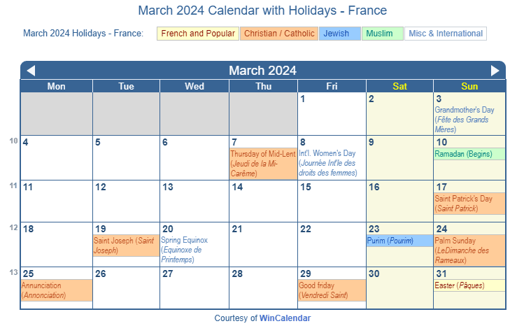 Print Friendly March 2024 France Calendar for printing