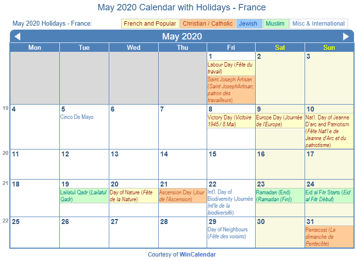 Print Friendly May 2020 France Calendar for printing