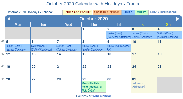 Print Friendly October 2020 France Calendar for printing