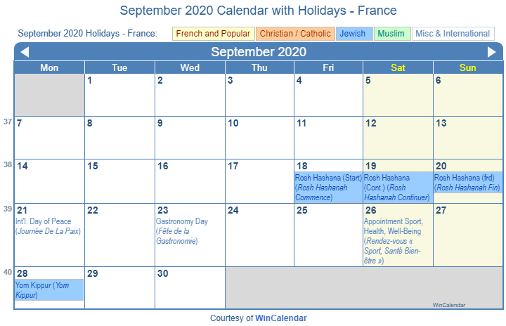 Print Friendly September 2020 France Calendar for printing