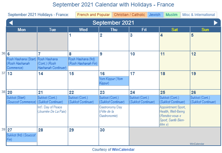 Print Friendly September 2021 France Calendar for printing