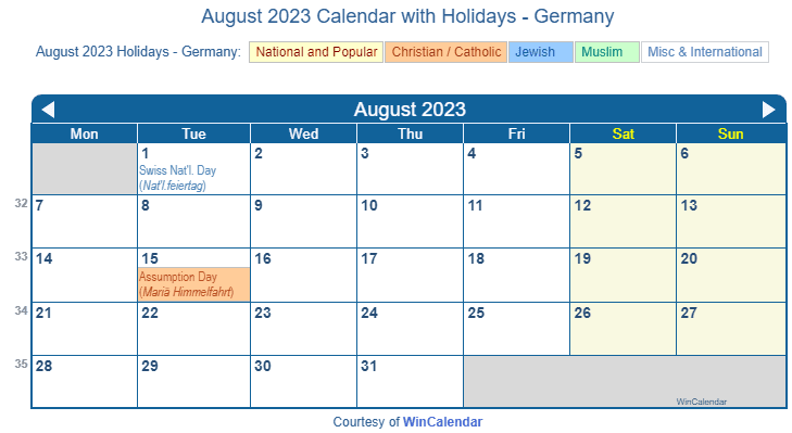 Print Friendly August 2023 Germany Calendar for printing