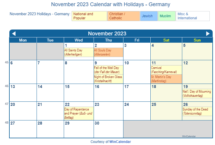 Print Friendly November 2023 Germany Calendar for printing
